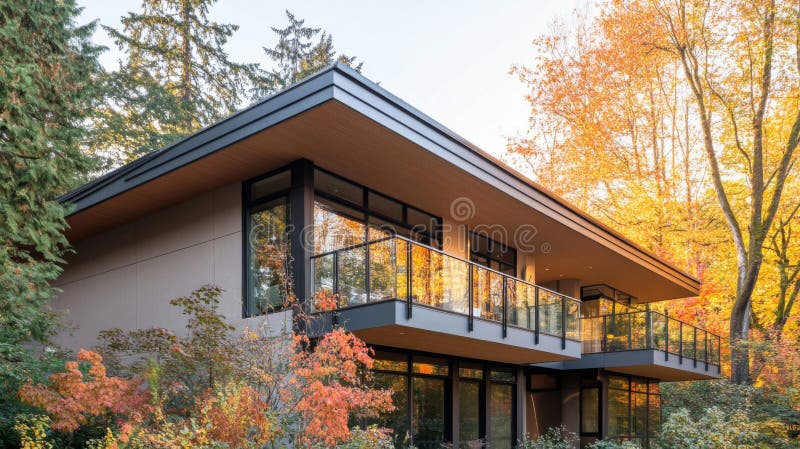 Modern Tan House with Glass Balcony and Autumn Foliage Stock ...