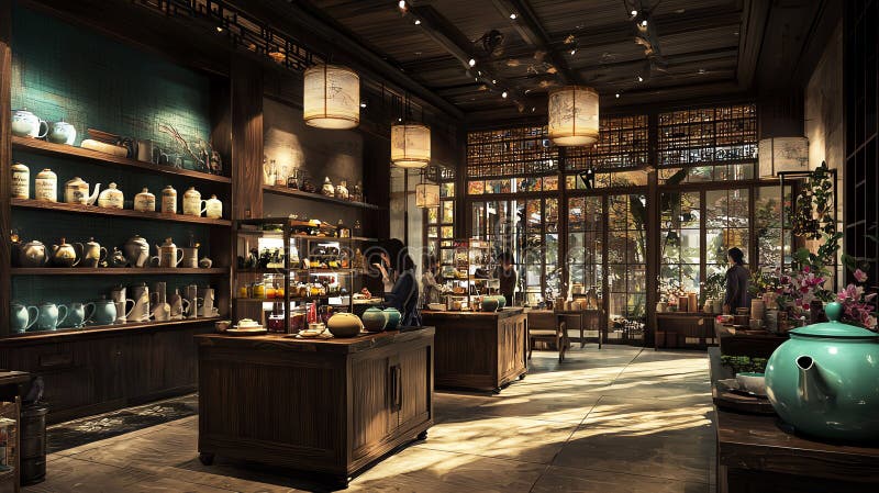 Modern Tea Shop Interior with Wooden Shelves and Display Cases Stock ...
