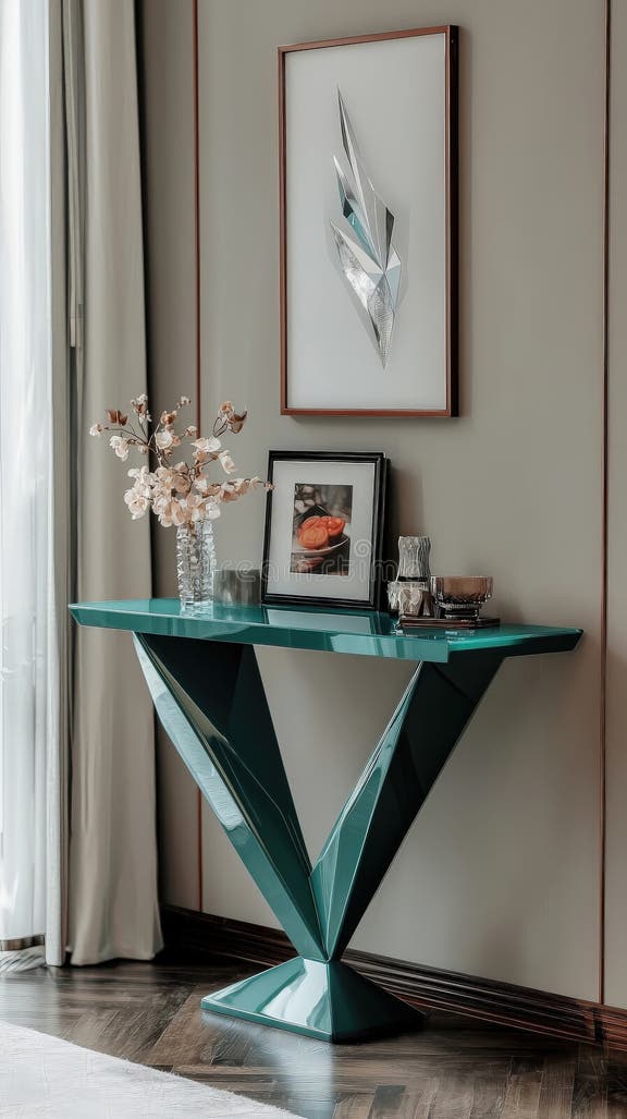 Modern Teal Console Table with Geometric Design and Art Decor Stock Illustration - Illustration ...