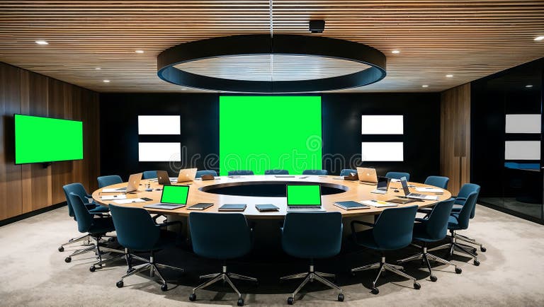 Modern Team Collaboration Zone with Round Table, Laptops, and Digital ...