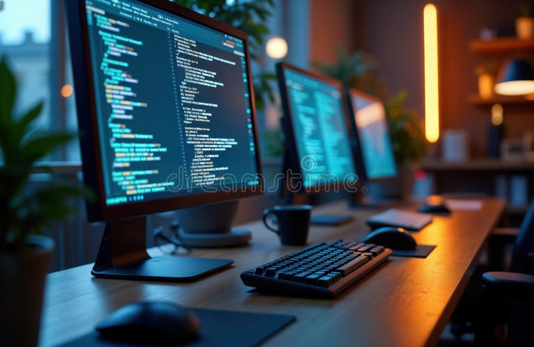 Modern Tech Agency Workspace. Two Computer Screens Display Programming ...