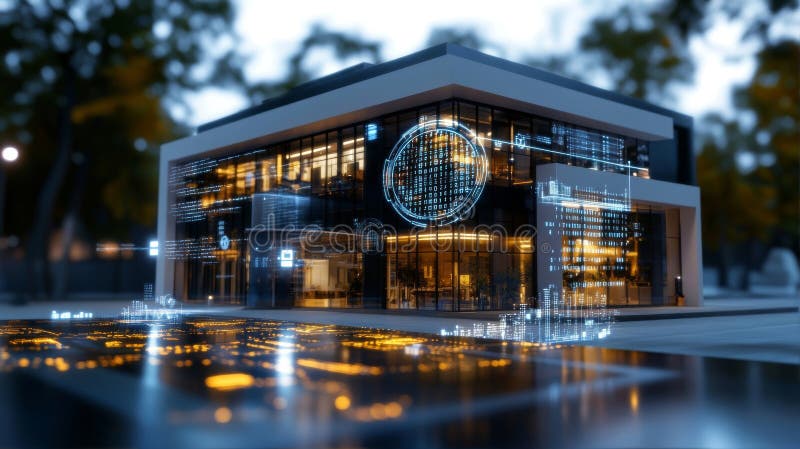 Modern Tech Building with Data Overlay Stock Photo - Image of ...