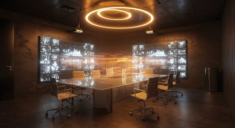 Modern Tech Conference Room Design with Data Visualizations Stock ...