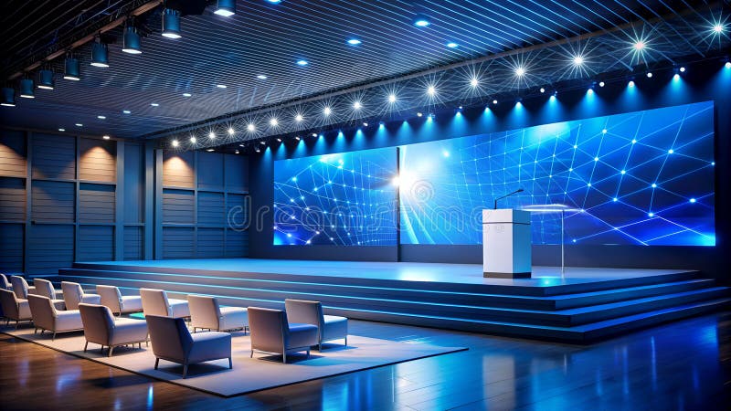 Modern Tech Conference Stage: Empty Podium Awaiting Speakers ...