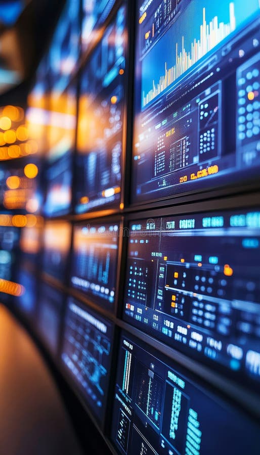 Modern Tech Control Center with Multiple Data Screens, Abstract Light ...