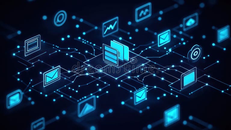 Modern Tech Design Shows Digital Data Network. Icons of Files Data, Communication Connect in ...