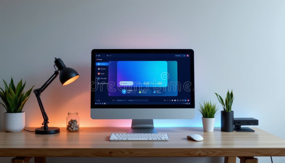 Modern Tech Desk Featuring Computer, Lamp, and Plants, Creating Serene ...