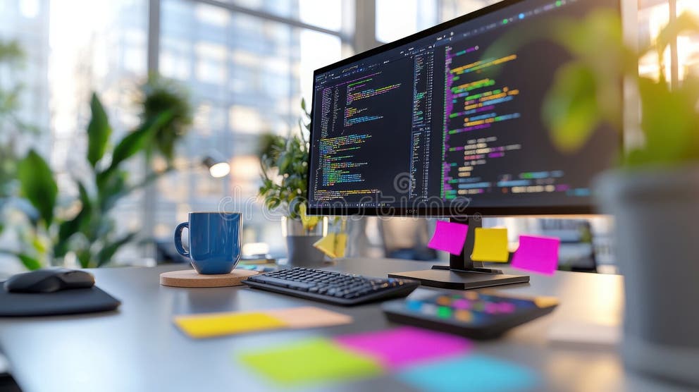 Modern Tech Desk Setup with Dual Monitors Showing a Dashboard and ...