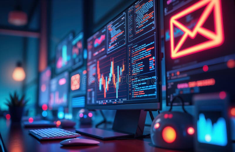 Modern Tech Desktop With Multiple Screens Showing Coding Data