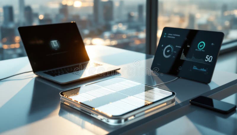 Modern Tech Devices on Desk City View Background Stock Illustration ...