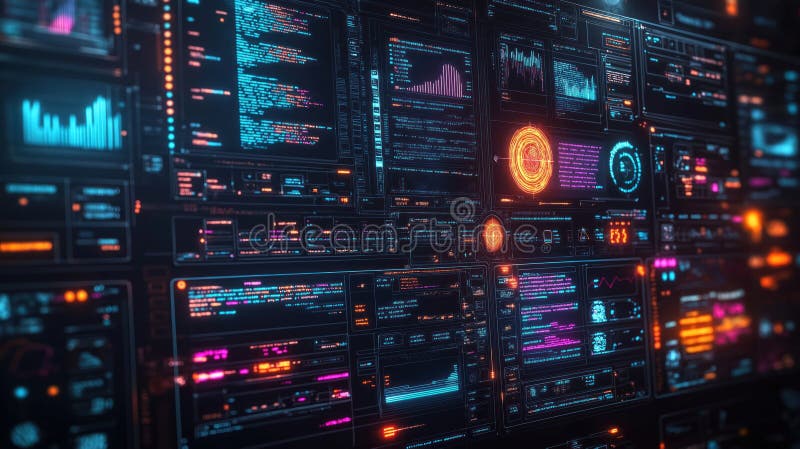 Modern Tech Display Shows Data in Various Formats. Many Screens Display Graphs Charts Codes ...
