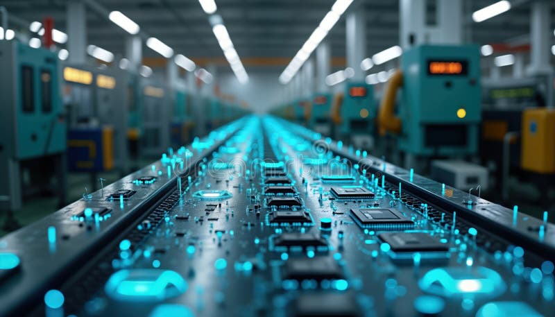 Modern Tech Factory Workshop Shows Automated Assembly Line. Many ...