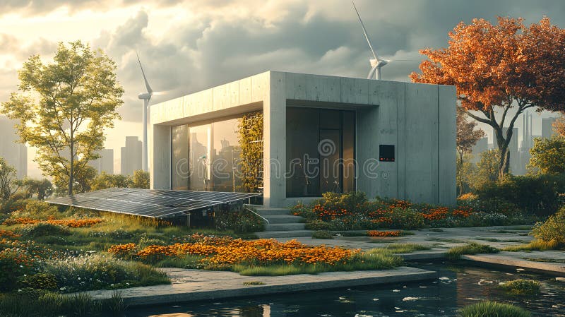 Modern Tech Grid System with Solar Panels and Wind Turbines Stock ...