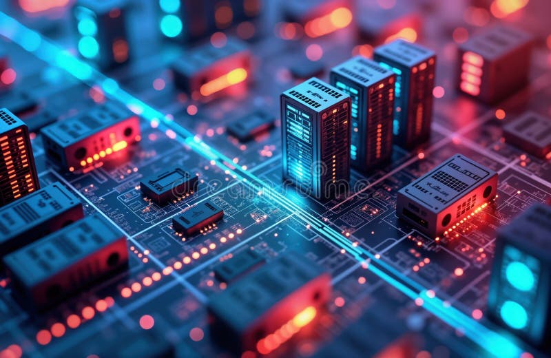Modern Tech Illustration Shows Miniature Server Buildings on Circuit ...