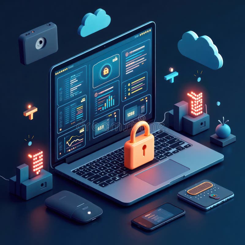 Modern Tech Illustration Shows Secure Data Storage. Laptop with Digital ...