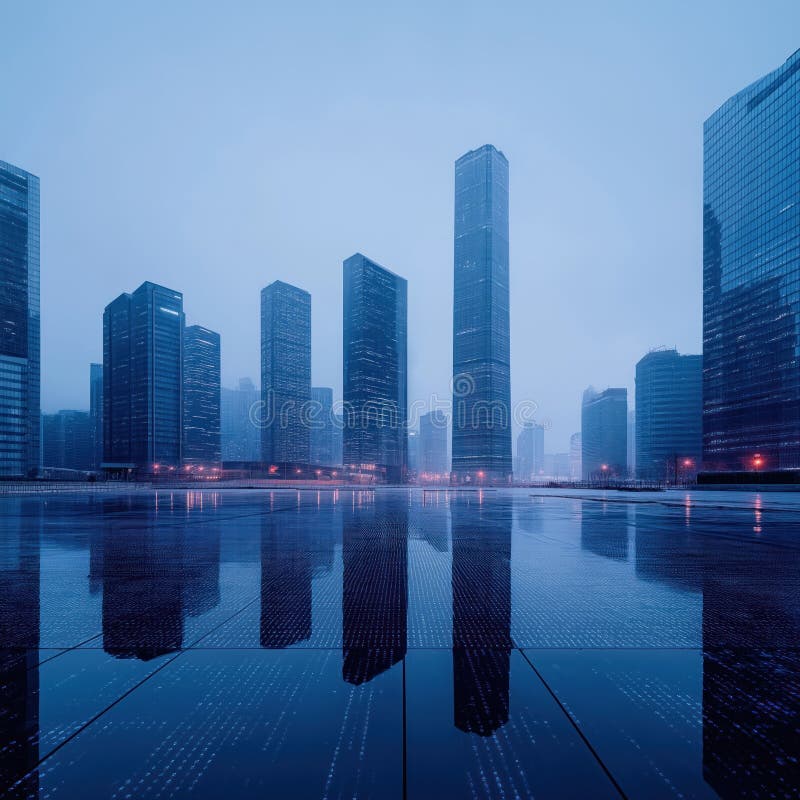 Modern Tech Innovation District at Evening. Urban Skyline Reflected in ...