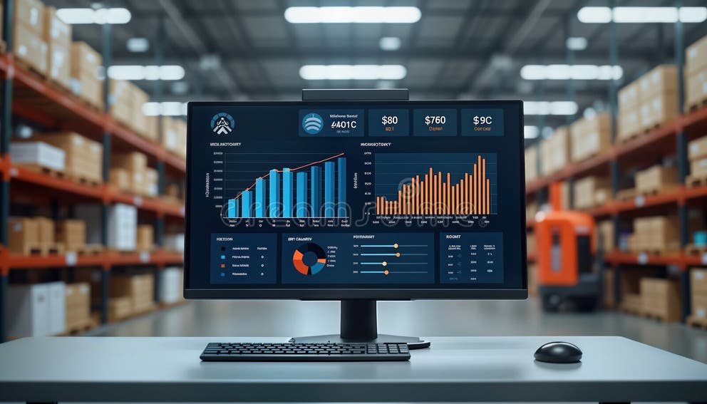 Modern Tech Interface Monitor Shows Warehouse Management Software. AGV ...