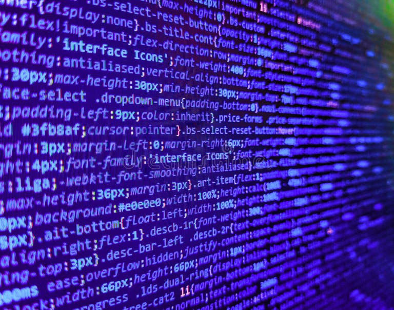 Modern Tech. Minificated Web Development Javascript Code Close Up in Sunset Rays. Computer ...