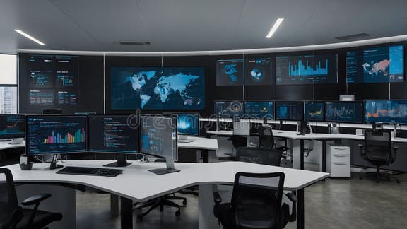 Modern Tech Office with Futuristic Computers and Digital Screens ...