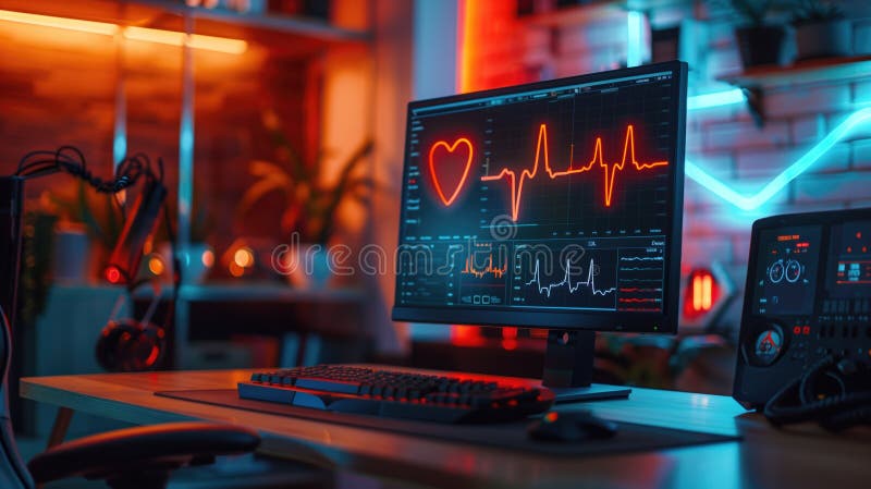 Modern Tech Office with Heartbeat Monitoring System on Computer Screen ...