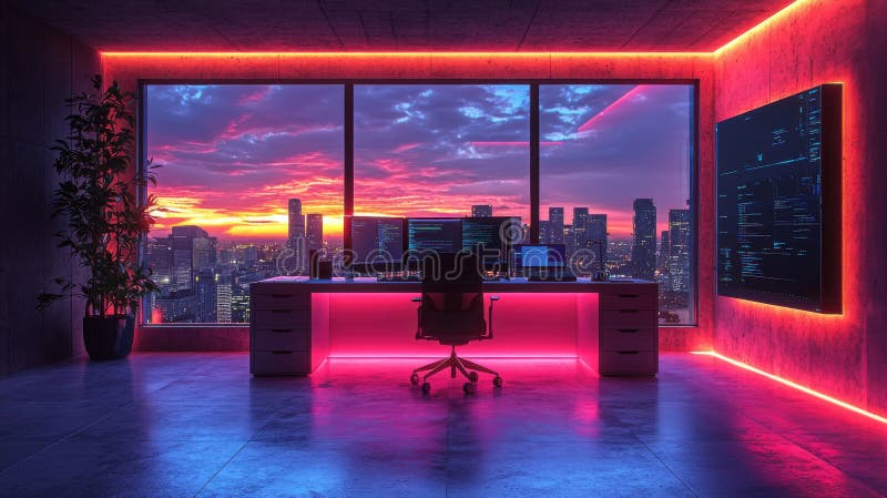 Modern Tech Office Setup with Glowing Tools and City Skyline View at ...