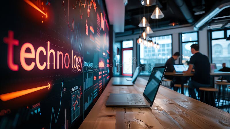 Modern Tech Office Space with Illuminated Technology Screen and Laptops ...