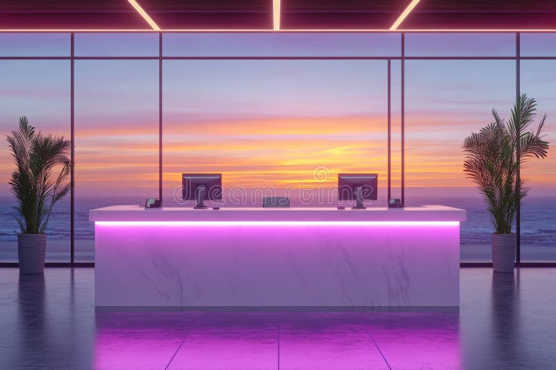 Modern Tech Reception Desk Illuminated by Soft Pink Light during Sunset ...