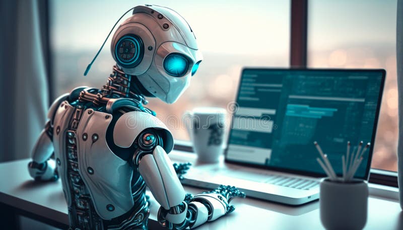 Modern Tech Robot Office Worker Works with a Laptop in an Open ...