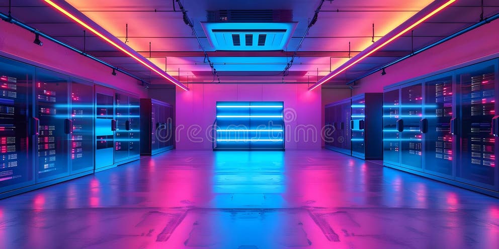 Modern Tech Room with Active Server Racks and AI Equipment in Neon ...