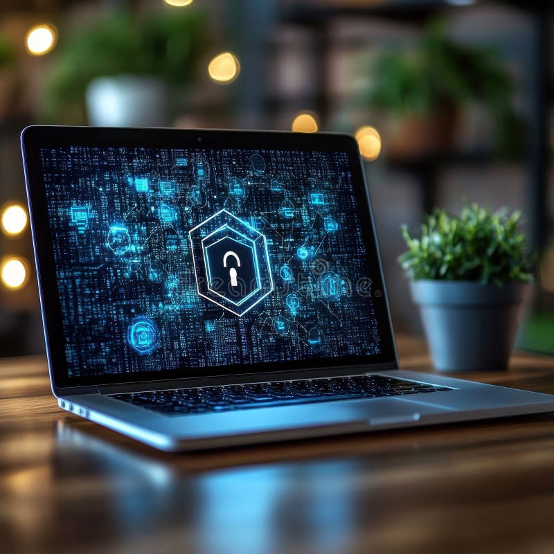 Modern Tech-savvy Office Scene with Digital Lock Icon on Laptop Screen ...