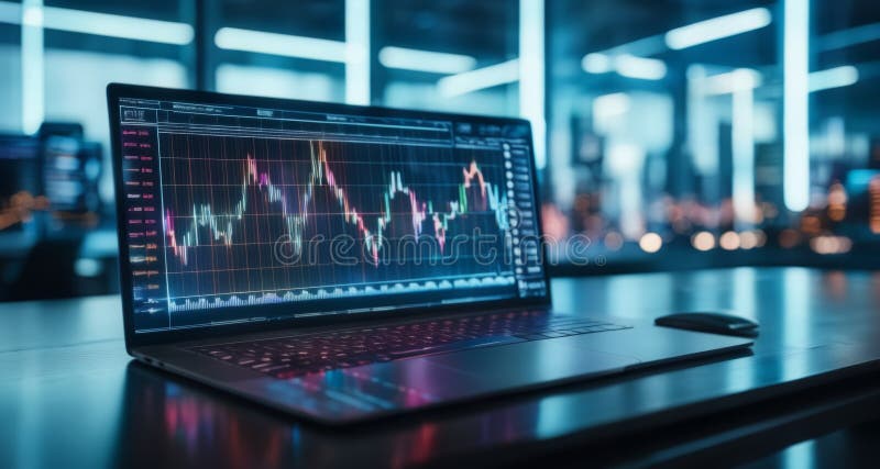 Modern Tech-savvy Workspace with Financial Charts on Laptop Screen ...