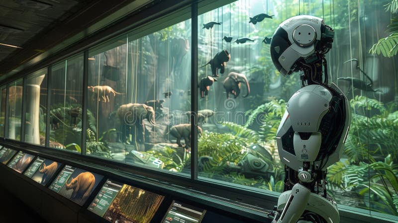 A Modern Tech Scene Where a Humanoid Robot Uses Advanced VR Equipment ...