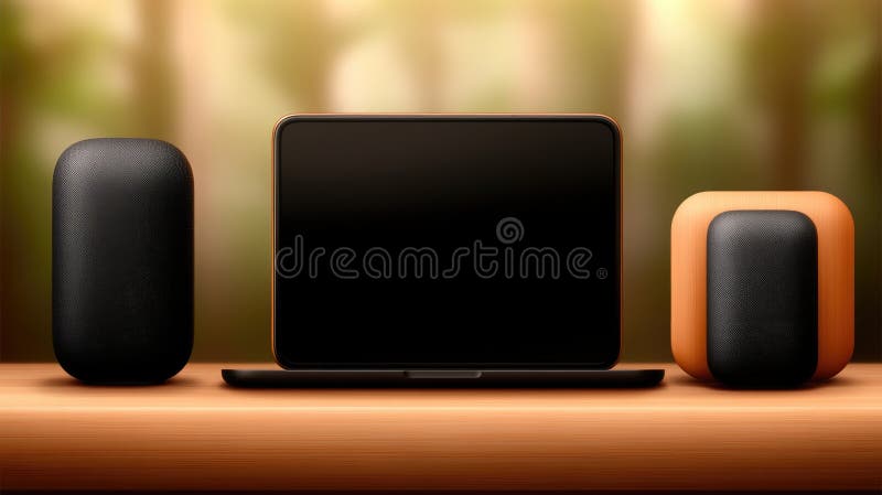 Modern Tech Setup with Laptop and Smart Speakers on Wooden Surface ...