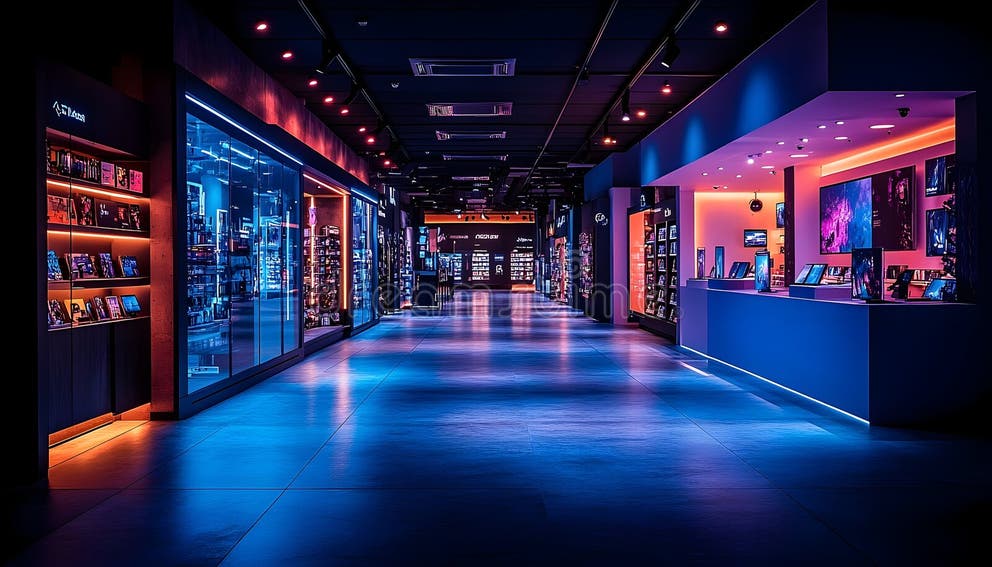 Neon-Lit Retail Corridor stock illustration. Illustration of commercial ...