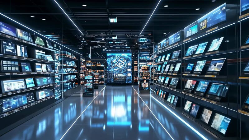 Futuristic Retail Store Interior with Screens Displaying Digital ...