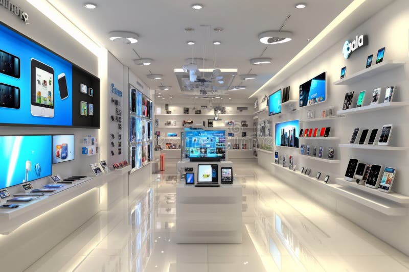 A Modern Tech Store Showcasing Various Devices. Bright Lights Highlight ...
