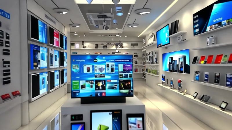 A Modern Tech Store Showcasing Various Devices. Bright Lights Highlight ...