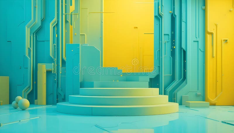 Modern Tech Structure: Clean, Stepped Turquoise and Yellow 3D Render ...