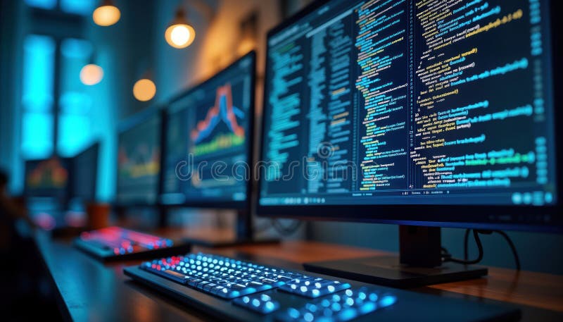 Modern Tech Workplace With Multiple Monitors Displaying Coding Software Engineers Work On