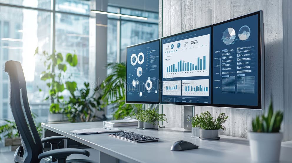 Modern Tech Workspace with Digital Dashboards Stock Illustration ...