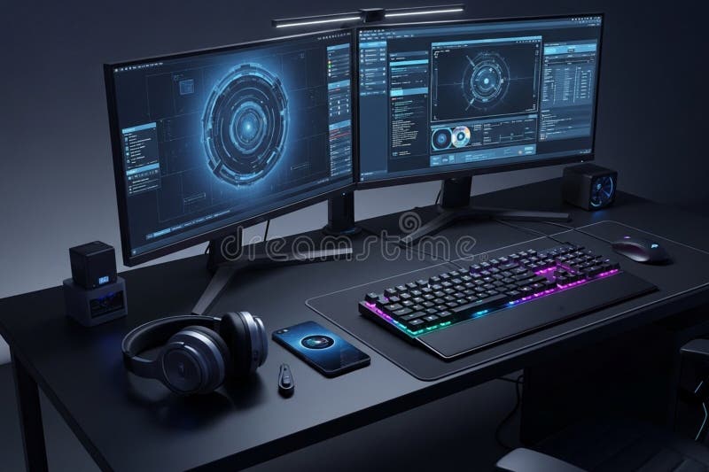 Modern Tech Workspace with Dual Monitors and RGB Lighting – Perfect for ...