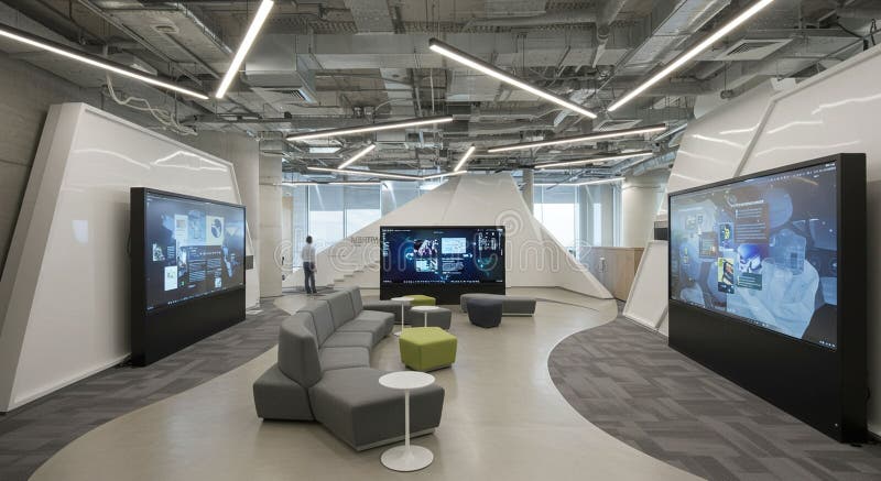 Modern Tech Workspace Featuring Large Interactive Screens Displaying ...