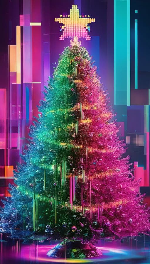 Modern Technicolor Christmas Tree with Glitch Details, Digital Holiday ...