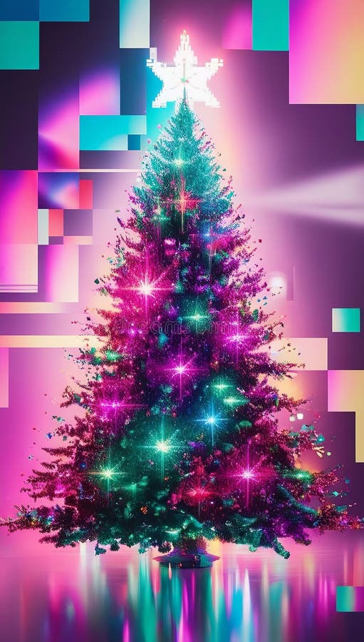 Modern Technicolor Christmas Tree with Glitch Details, Digital Holiday ...