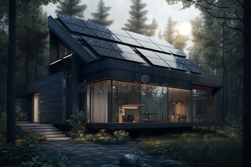 Modern Technological High-tech House with Solar Panels on the Roof in ...