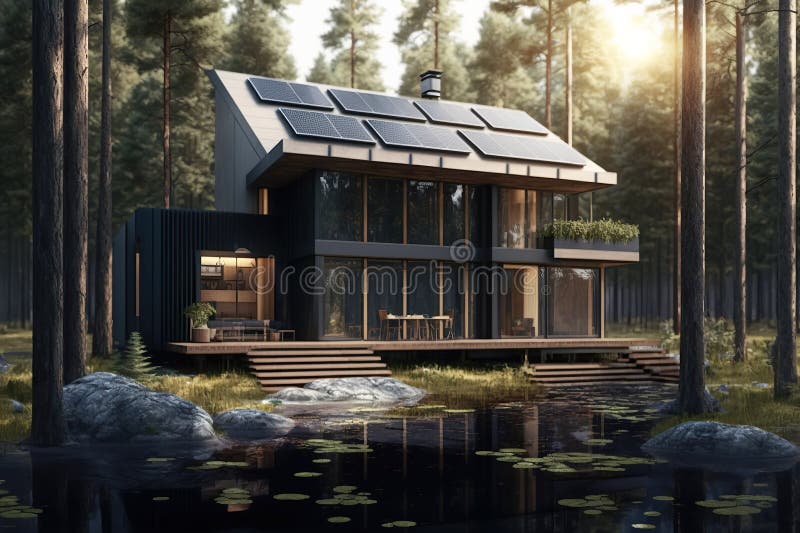 Modern Technological High-tech House with Solar Panels on the Roof in ...