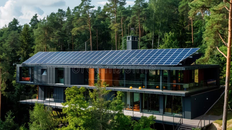 Modern Technological High-tech House with Solar Panels on the Roof in ...
