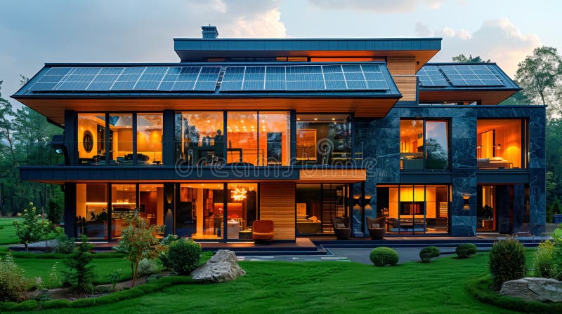 Modern Technological High-tech House with Solar Panels on the Roof ...