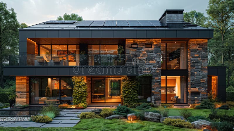 Modern Technological High-tech House with Solar Panels on the Roof ...