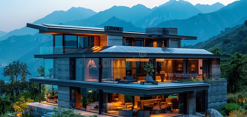 Modern Technological High-tech House with Solar Panels on the Roof in ...